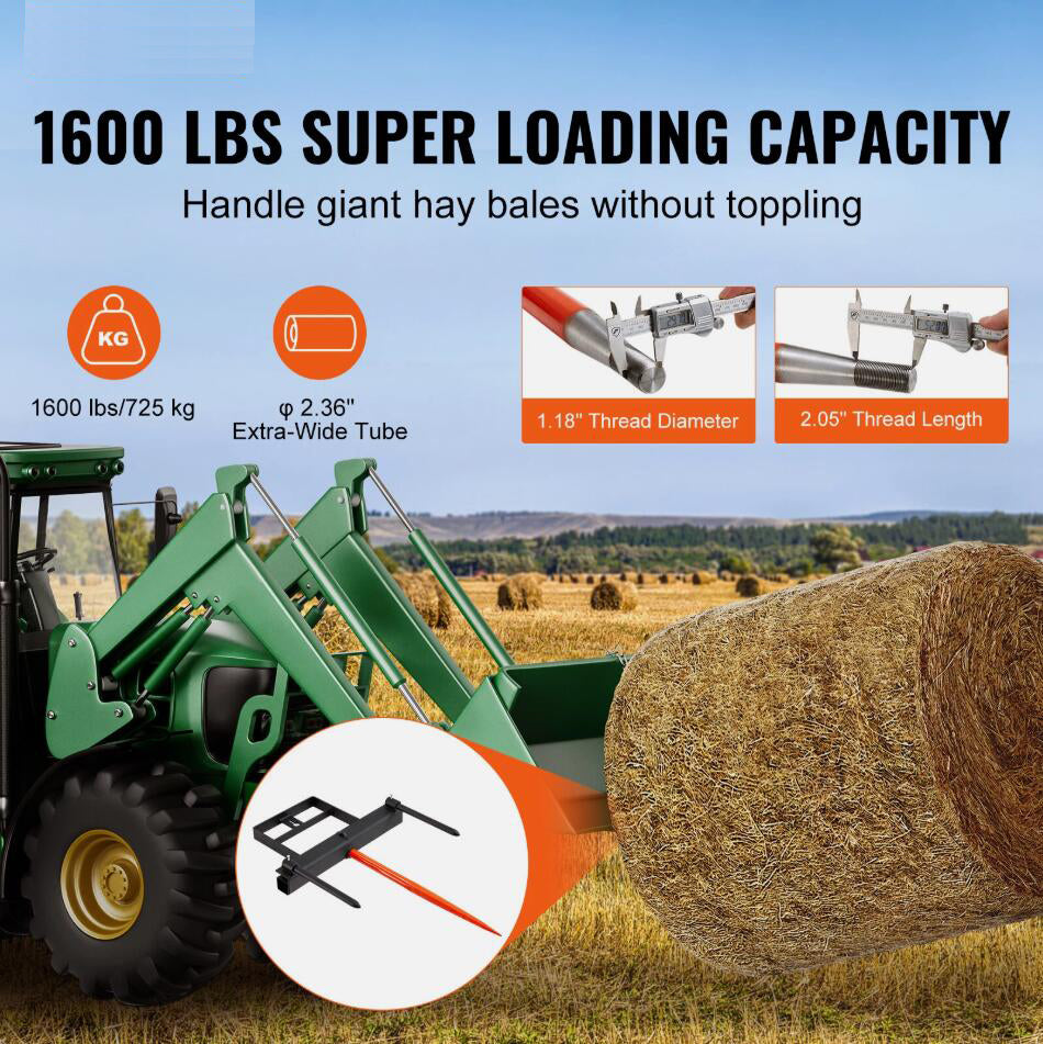 39" 1600 LBS Heavy Duty Hay Spear Bale Spear Skid Steer Loader Tractor ...