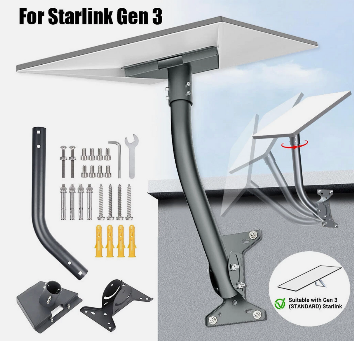 360° Heavy Duty Adjustable Pivot Outdoor Pole Kit Fits Roof Starlink G ...