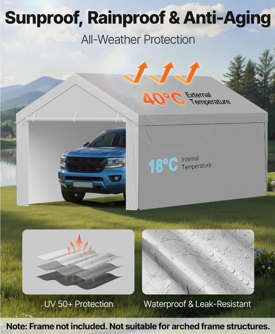 6x4M Durable Carport Replacement Canopy Cover with Sidewalls Frame Exc ...